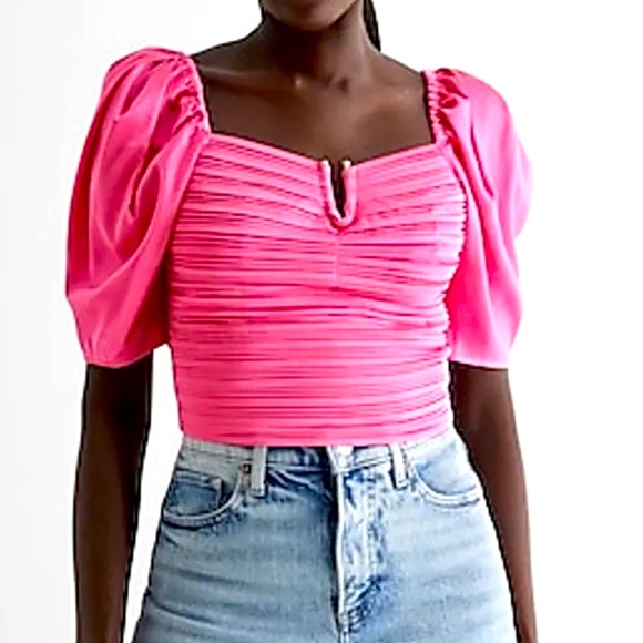 Express | Tops | Nwt Express Satin Puff Sleeve Ruched Pleated Top ...